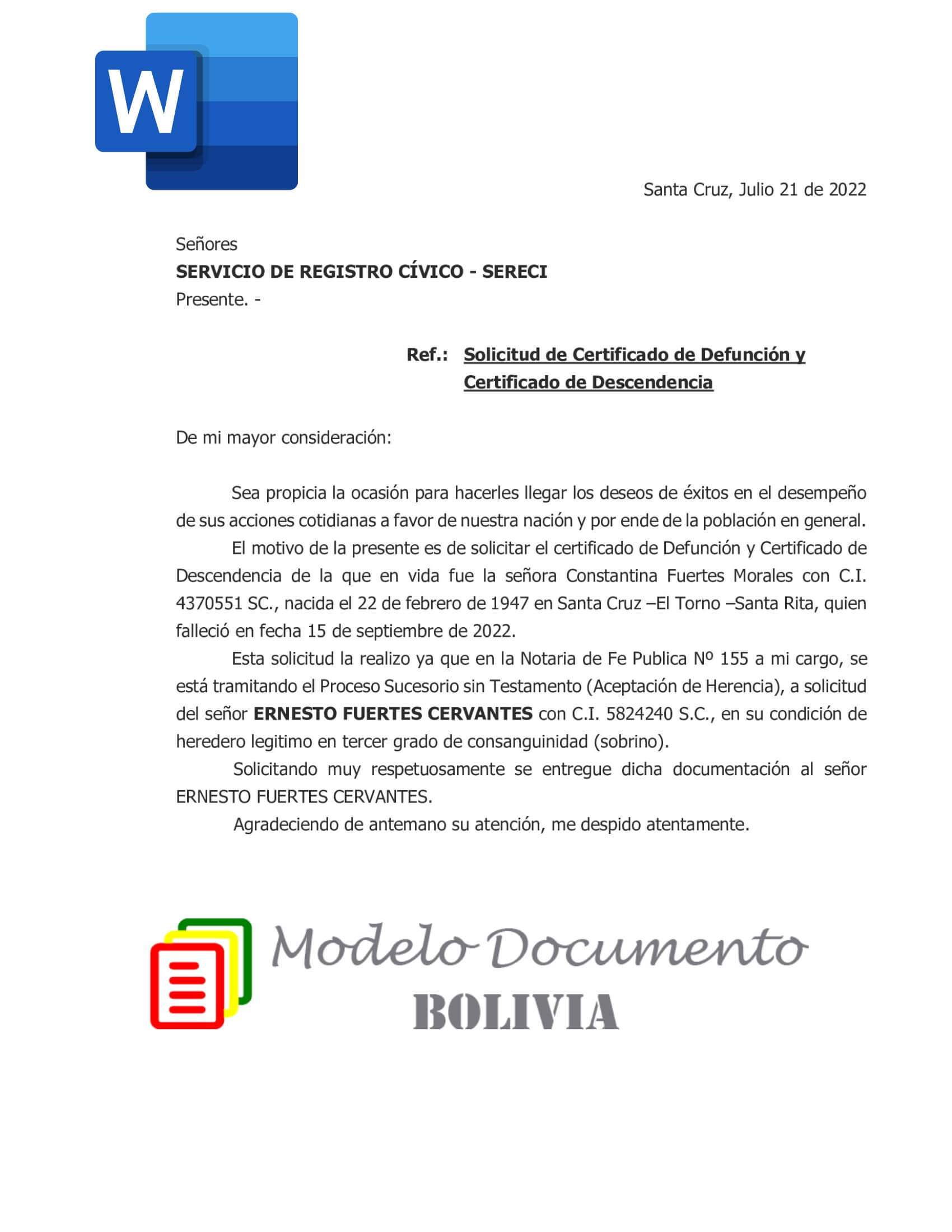 Modelo solicitud certificado de defunción y descendencia Bolivia - Descargar en Word - Modelo ...