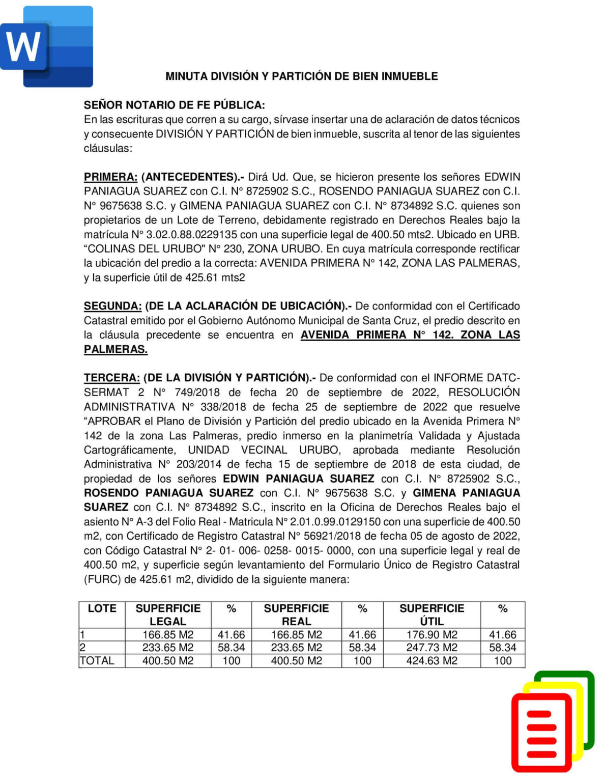 Modelo de división y partición de bien inmueble Bolivia - Descargar ...