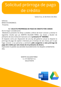Modelo de solicitud de prorroga de pago de crédito | Word