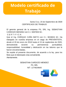 CERTIFICADO DE TRABAJO | «Descargar Word»